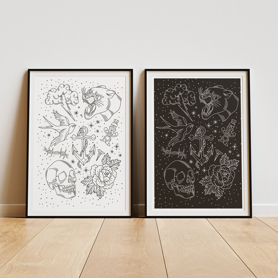 Traditional Tattoo Line Flash Poster: Tattoo Flash Sheet Art Poster ...