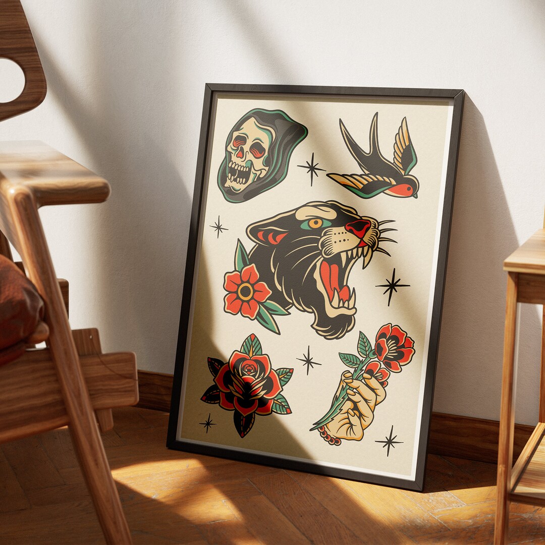 Traditional Tattoo Flash Poster: Tattoo Flash Sheet Art Posters ...