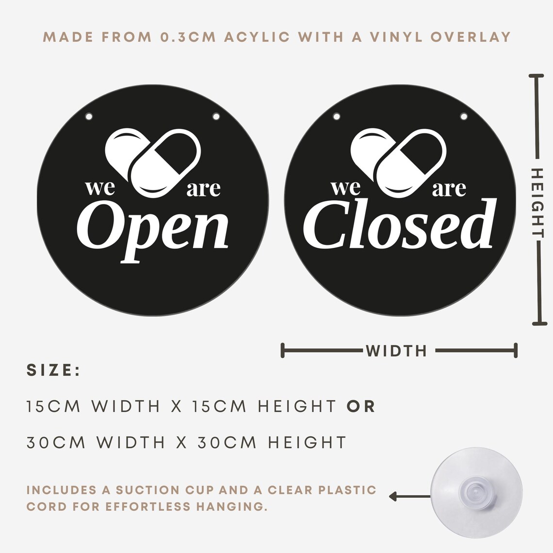 Pharmacy Open & Closed Sign – Pill Heart: Round Acrylic Hanging Door ...