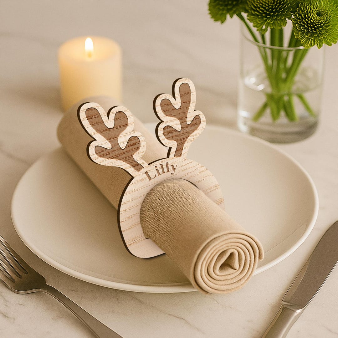 Personalised Wooden Reindeer Antler Napkin Ring – Engraved Name Place ...