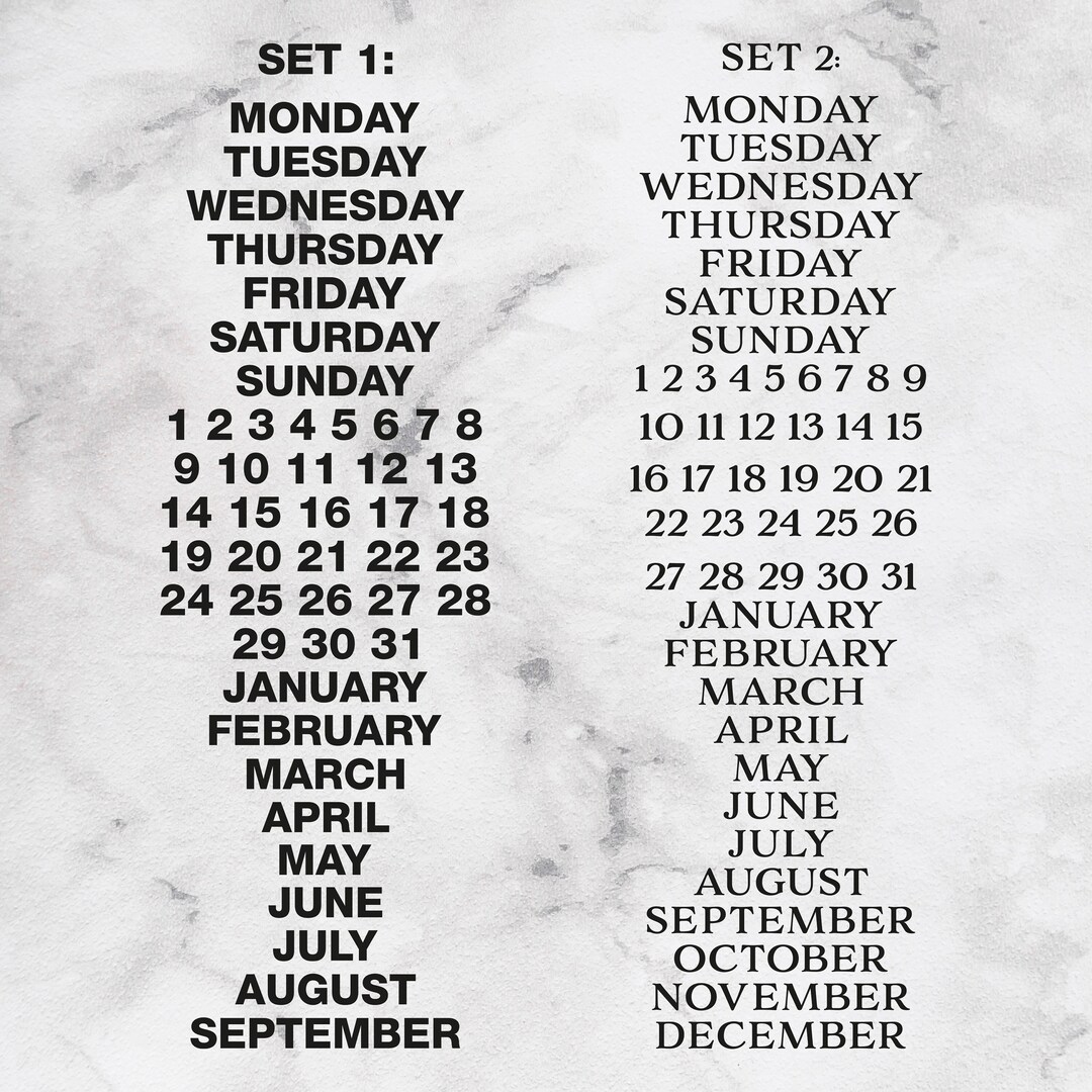 Weekdays, Months, Numbers Adhesive Vinyl Decal Set | Each Word is 1 ...