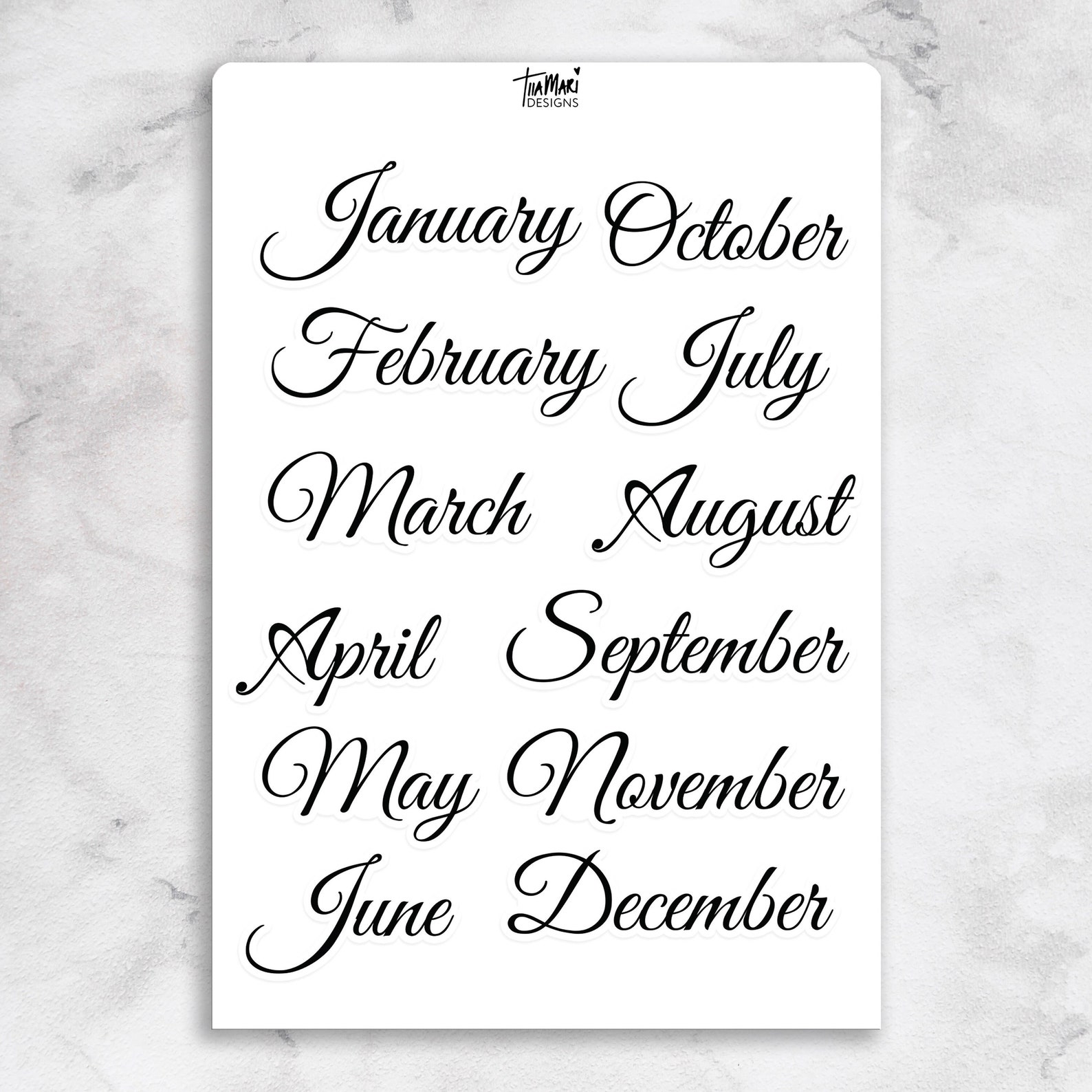 Months Script Clear Vinyl Sticker Sheet | 12 Stickers | Different ...