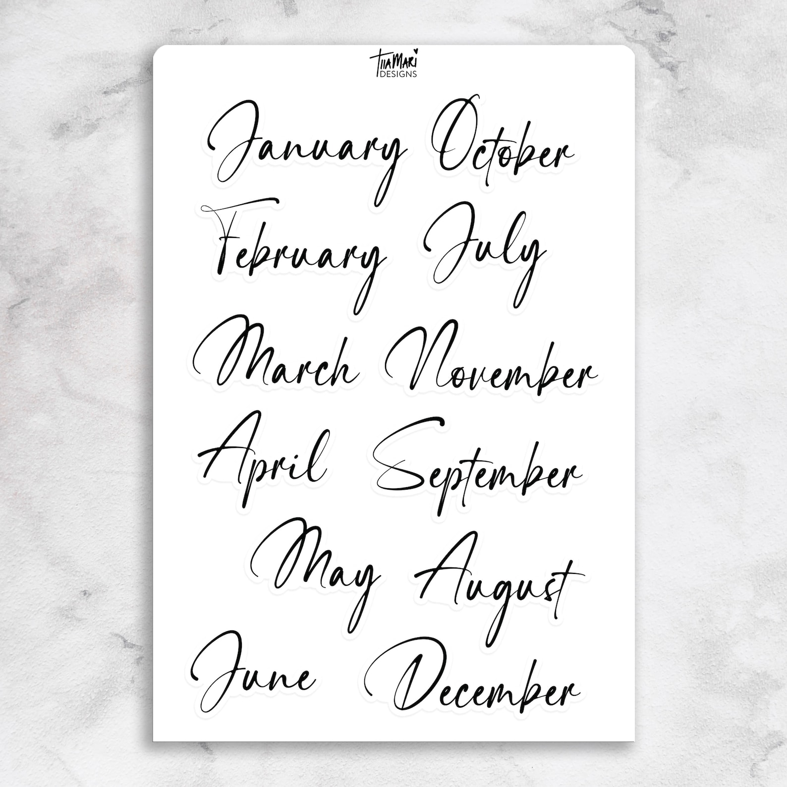 Months Script Clear Vinyl Sticker Sheet | 12 Stickers | Different ...
