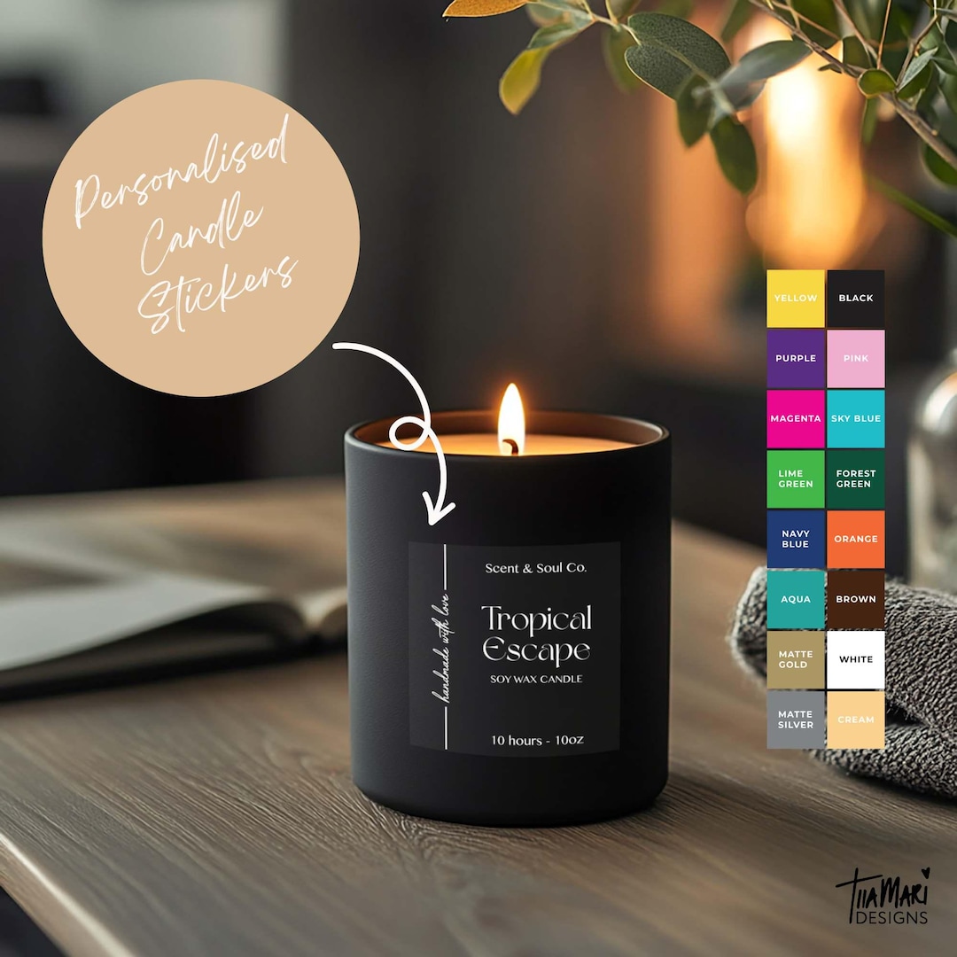 Personalized Candle Label Stickers: Modern White Ink, Color Background ...