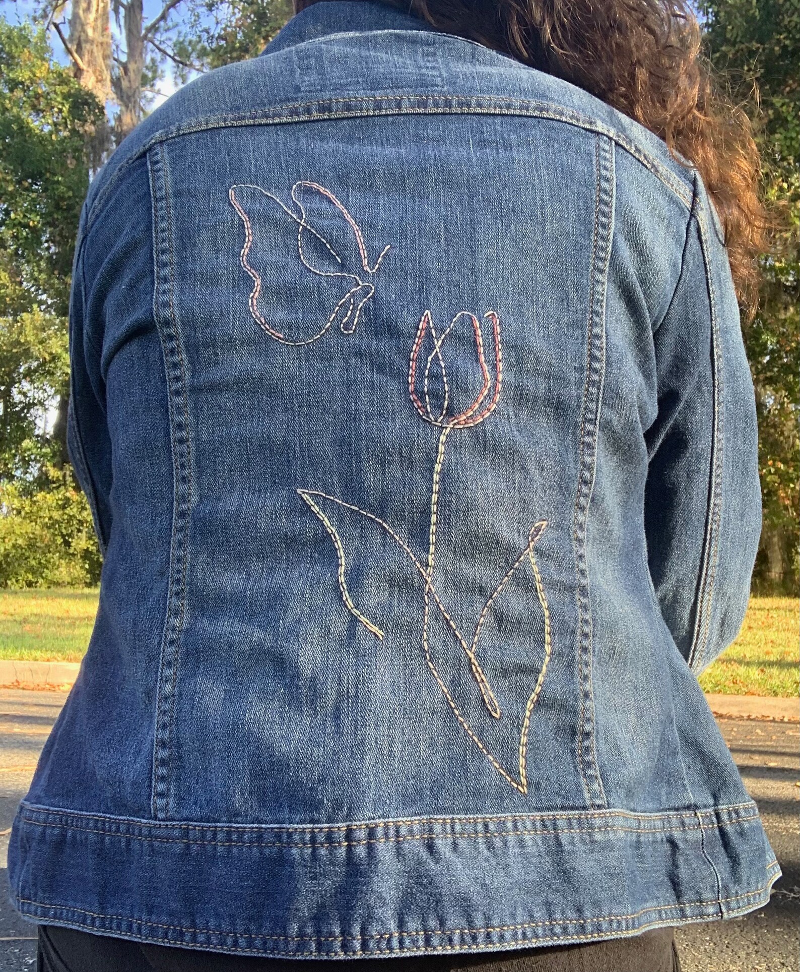 Hand Embroidered Denim Jacket: Tulip & Butterfly, Size Small - Etsy