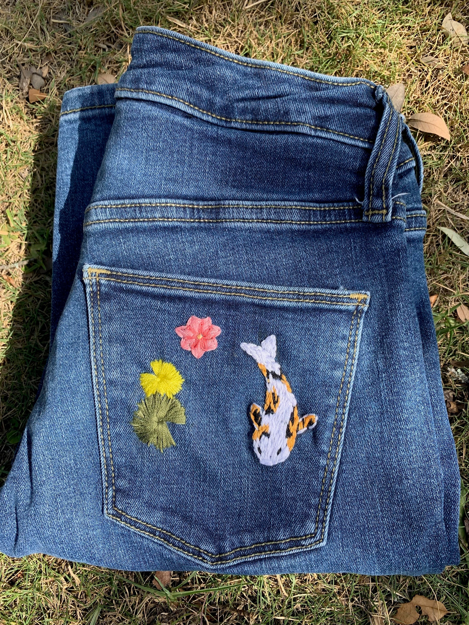 Hand Embroidered Koi Fish Jeans: Lily Pad Denim (size 4/27S) - Etsy