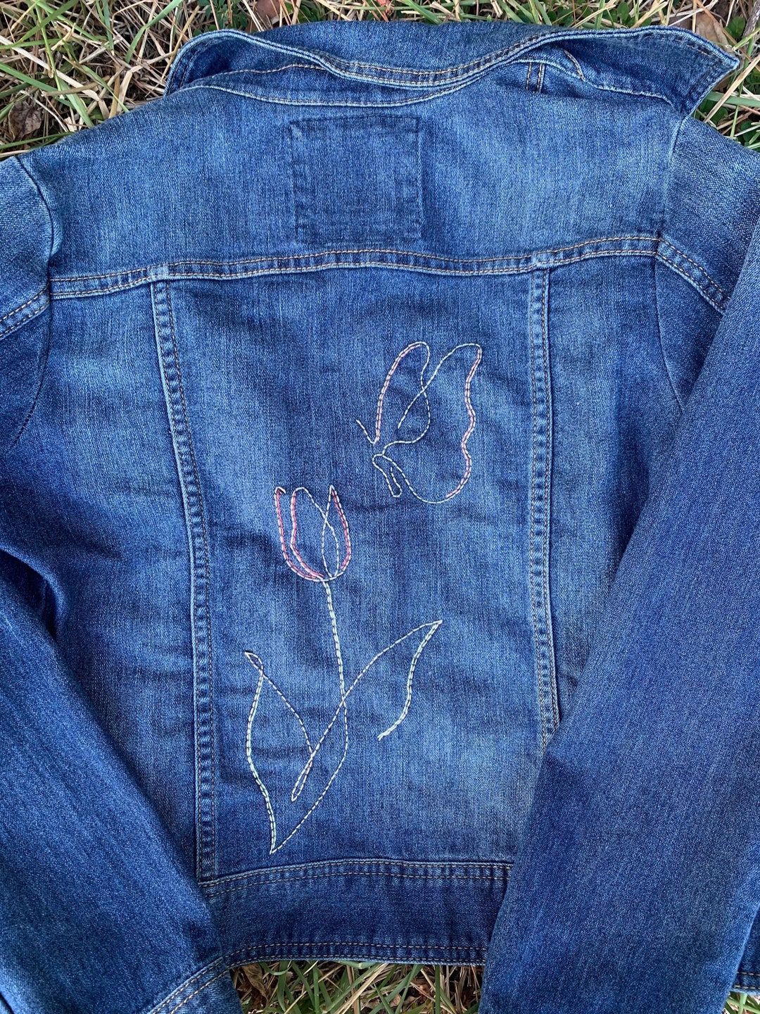 Hand Embroidered Denim Jacket: Tulip & Butterfly, Size Small - Etsy