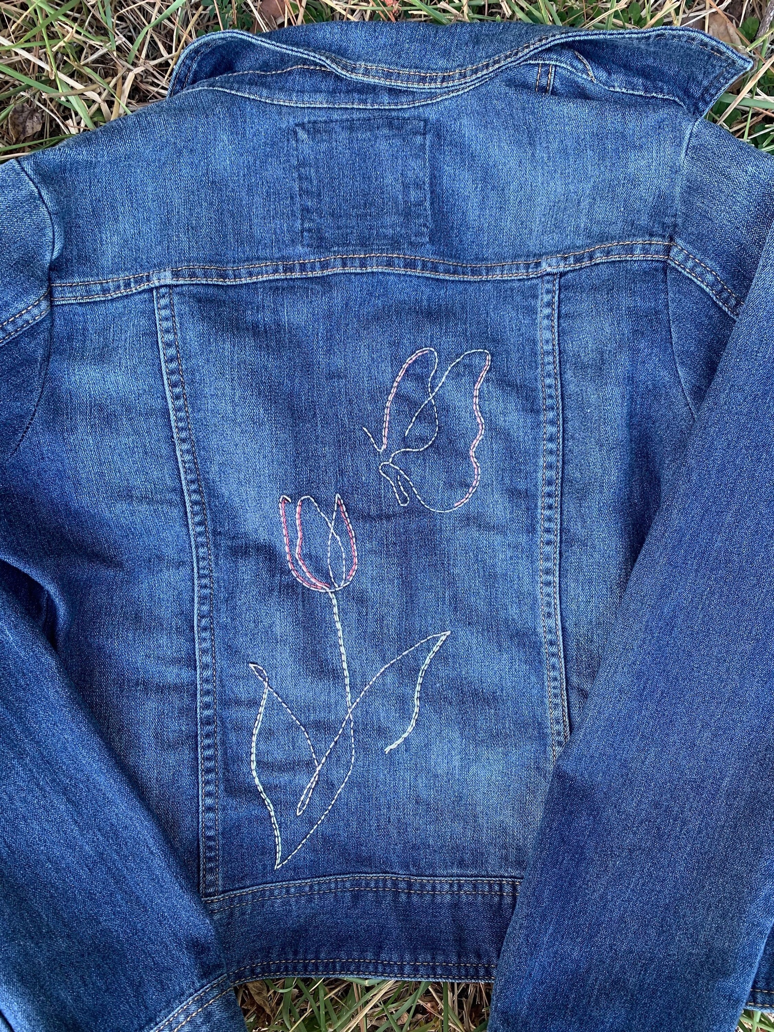 Hand Embroidered Denim Jacket: Tulip & Butterfly, Size Small - Etsy