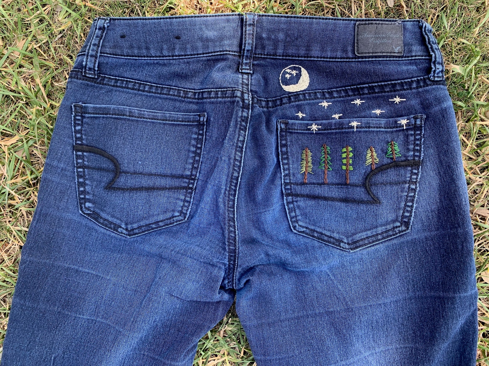 Embroidered Forest, Moon, & Stars on Jeans, Embroidered Pants ...