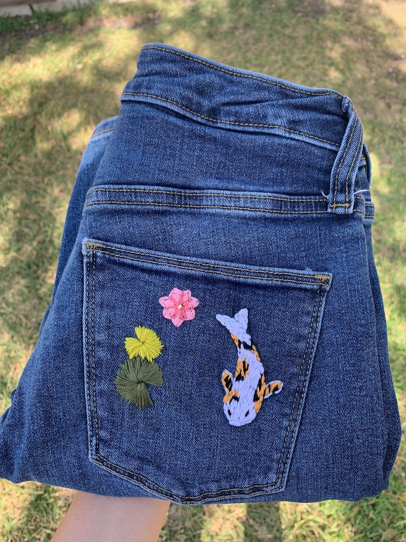 Hand Embroidered Koi Fish Jeans: Lily Pad Denim (size 4/27S) - Etsy