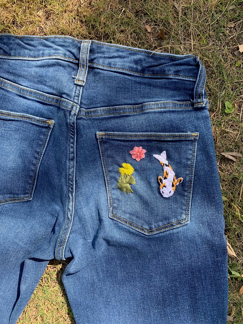 Hand Embroidered Koi Fish Jeans: Lily Pad Denim (size 4/27S) - Etsy
