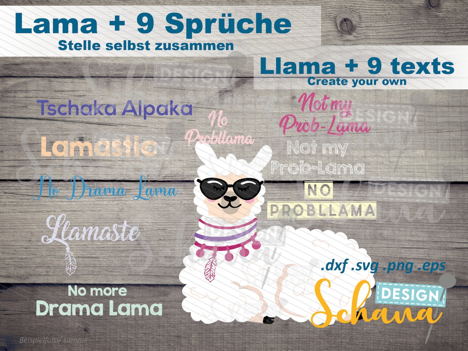 Llama With 7 Text in 9 Styles Eps SVG DXF PNG - Cut Out Walltsticker ...