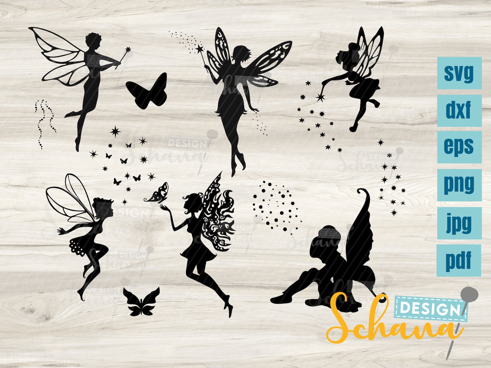 Feen 6-er Set Variation 2 Plotterdatei SVG DXF PNG eps jpg und pdf mit Accessoire Items Fee ...