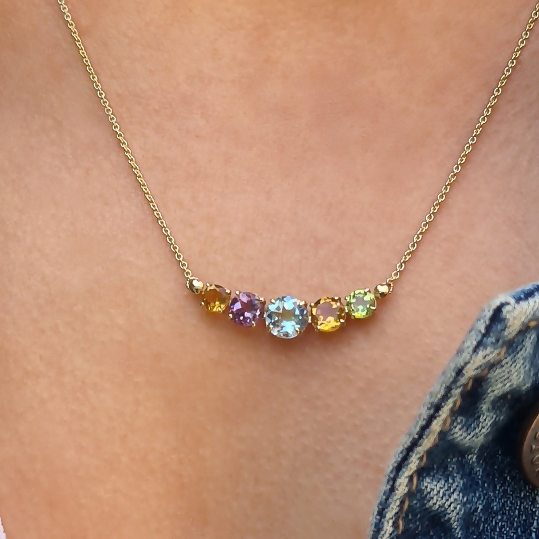Delicate Rainbow Necklace, 14K Solid Gold Jewelry, Blue Topaz, Citrine ...