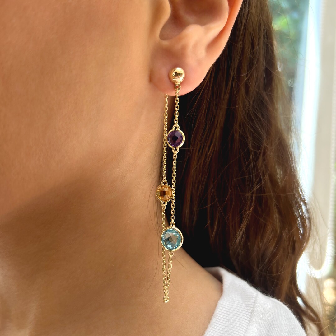 Delicate Rainbow Earrings, 14K Solid Gold Jewelry, Blue Topaz, Citrine ...