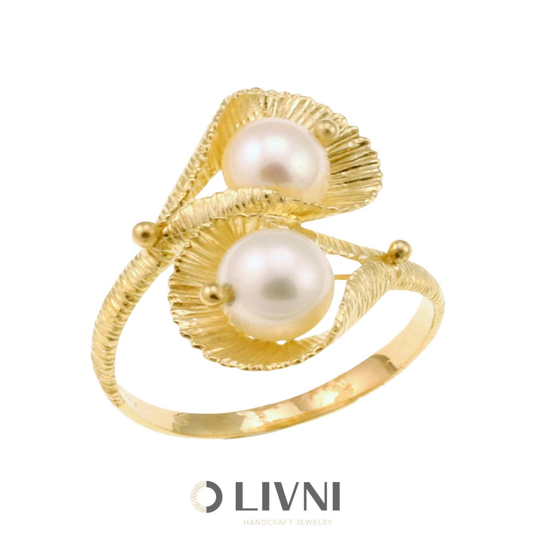 14K Solid Gold Pearl Ring, Double Pearl Engagement Ring, Genuine Shell ...