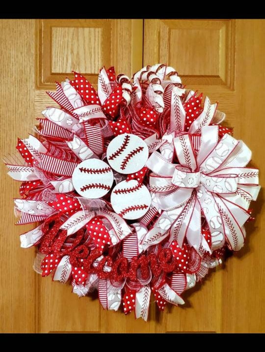 Red and White Baseball Door Decor, Baseball Welcome Wreath, Baseball ...