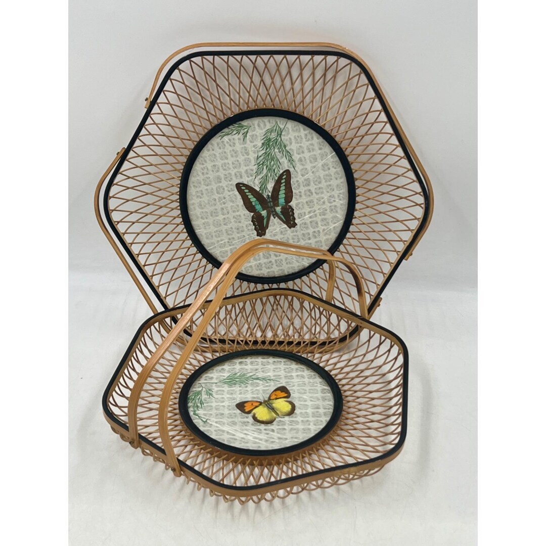1970s Vintage Serving Nesting Baskets W/handles Wicker/bamboo Pressed ...