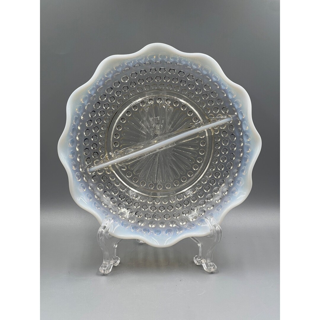 Vintage Fenton Moonstone Opalescent Shallow Bowl Hobnail Ruffled Edge ...