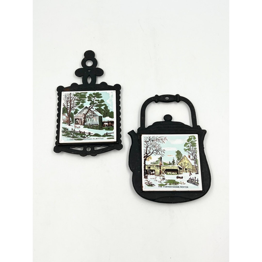 Vintage Cast Iron Trivet Set: Winter Farmhouse Ceramic Tile - Etsy