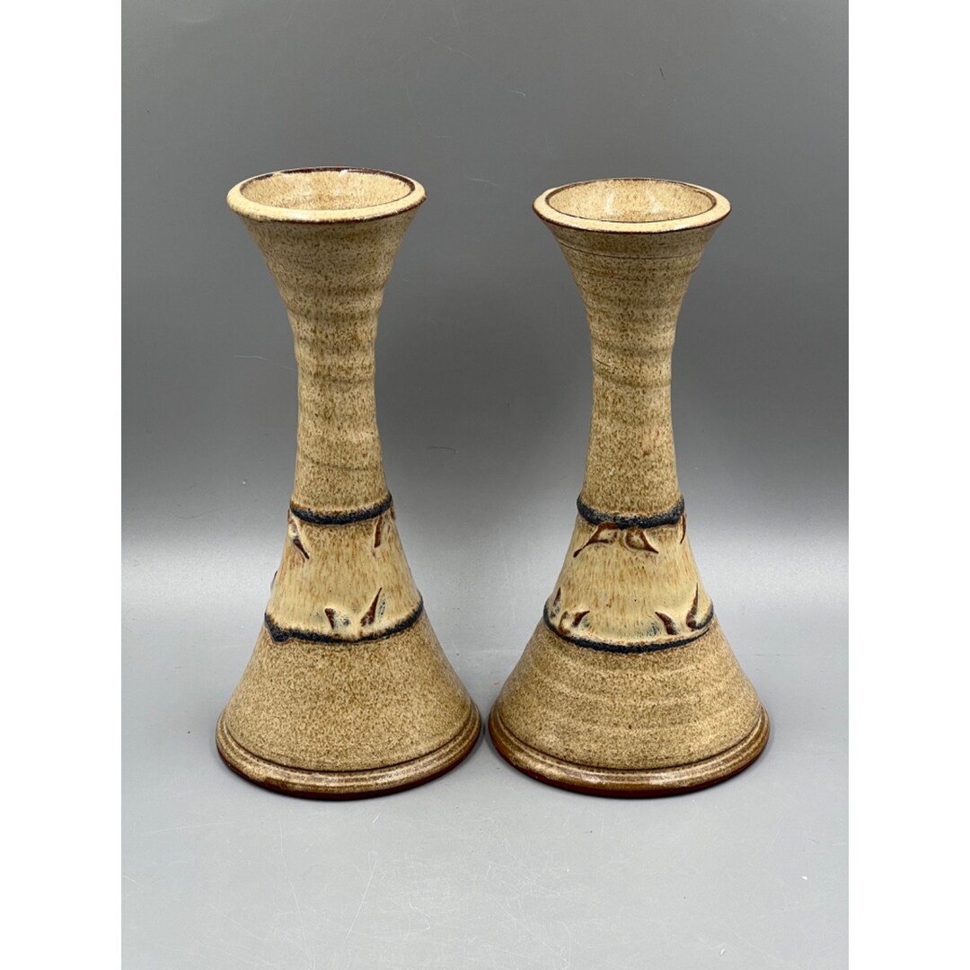Vintage Pair Glazed Ceramic Candlestick Holders - Hourglass Shape W ...