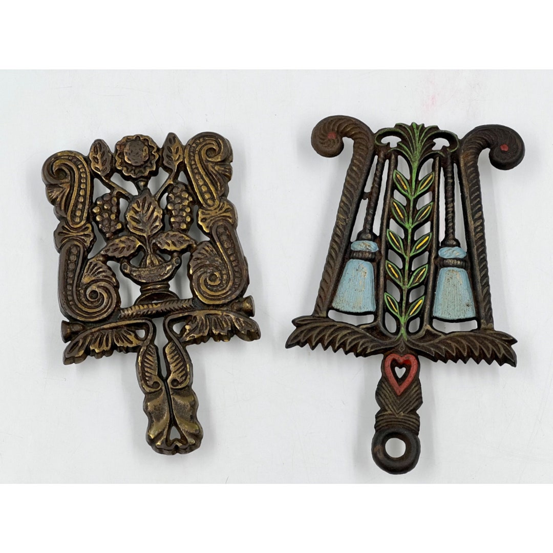 Vintage Cast Iron Trivet Set: Grapes, Vines & Straw Broom Decor - Etsy