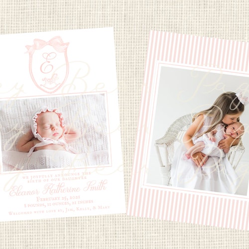 Watercolor Pink Floral Crest Birth Announcement Two Sided - Etsy