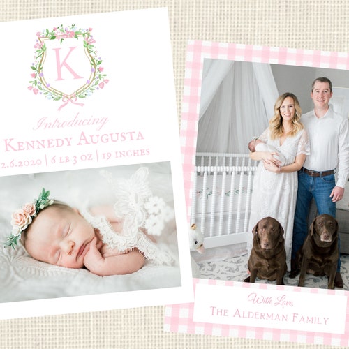 Watercolor Pink Floral Crest Birth Announcement Two Sided - Etsy