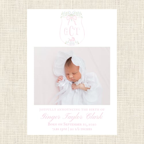 Watercolor Blue Floral Crest Birth Announcement // Printed // | Etsy