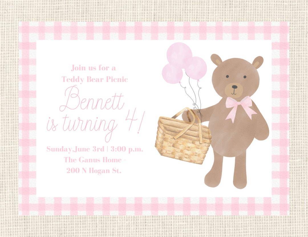 Teddy Bear Picnic Watercolor Birthday Invitations/ Watercolor / Sweet ...