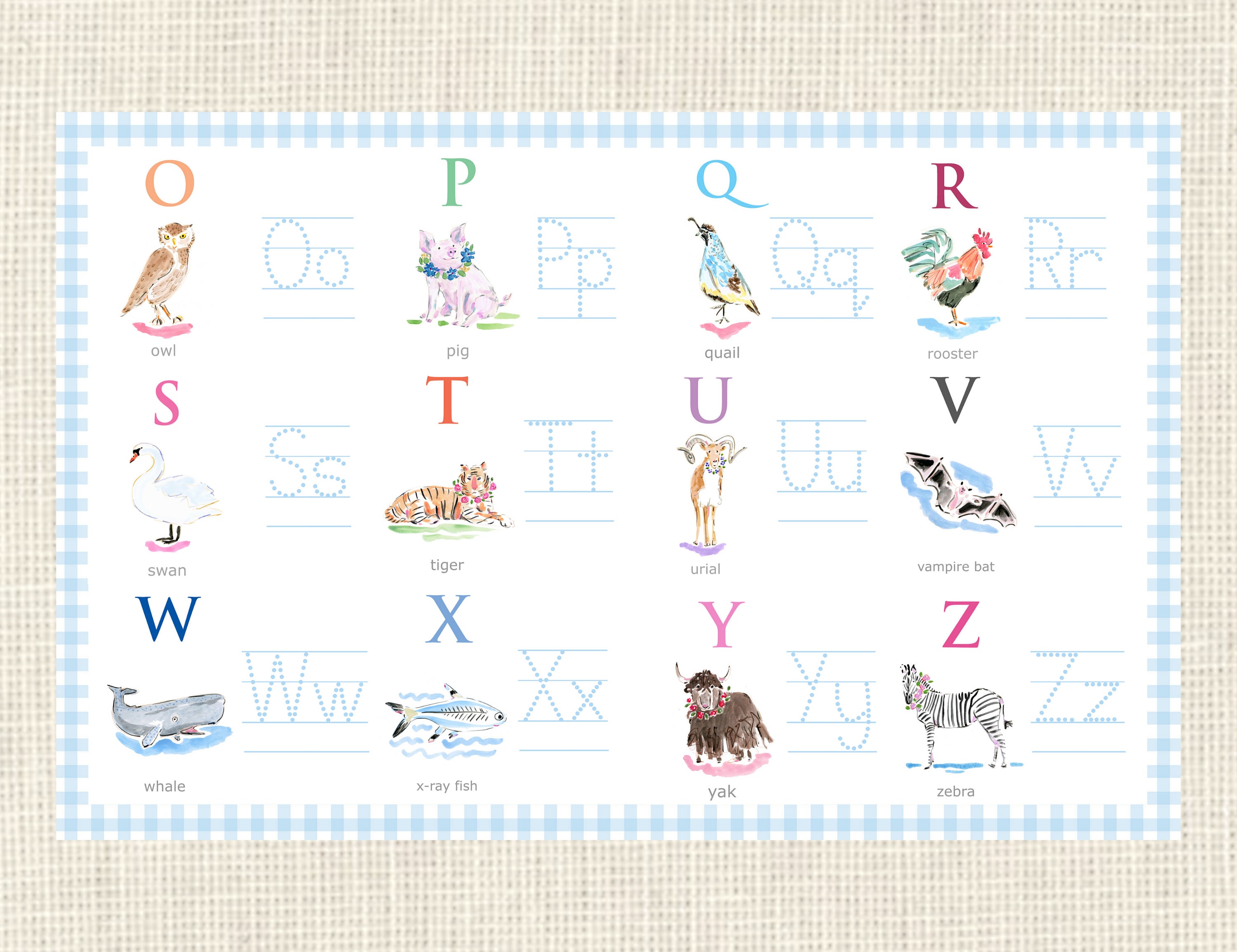 Alphabet Tracing Watercolor Animals Laminated Placemat / | Etsy