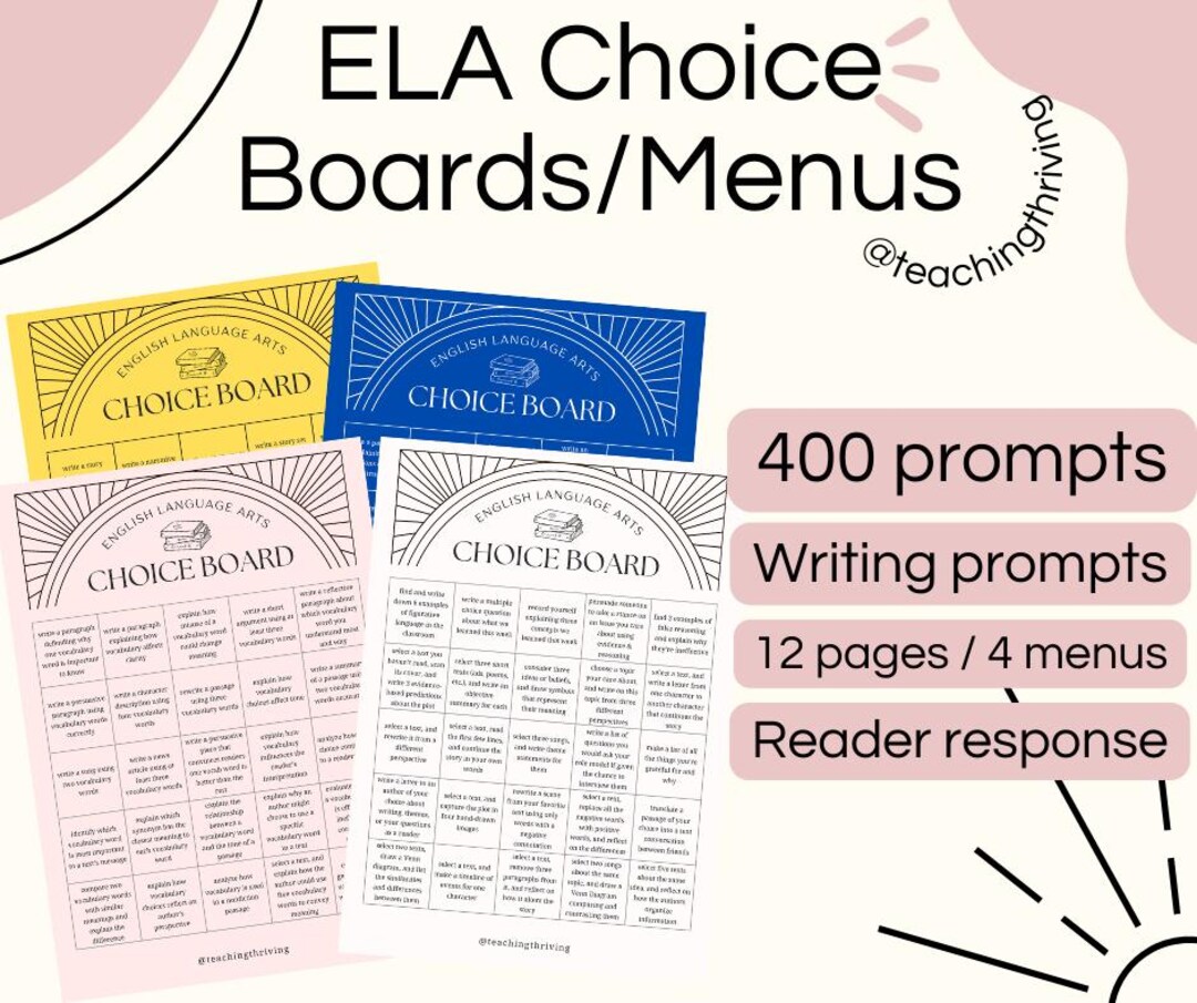 ELA Choice Board Bundle | Reading, Writing Prompts for Middle & High ...