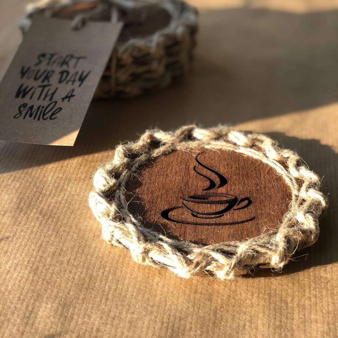 Tea Coaster Crochet Jute, Coffee Coasters, Drink Wooden Laser Cut ...