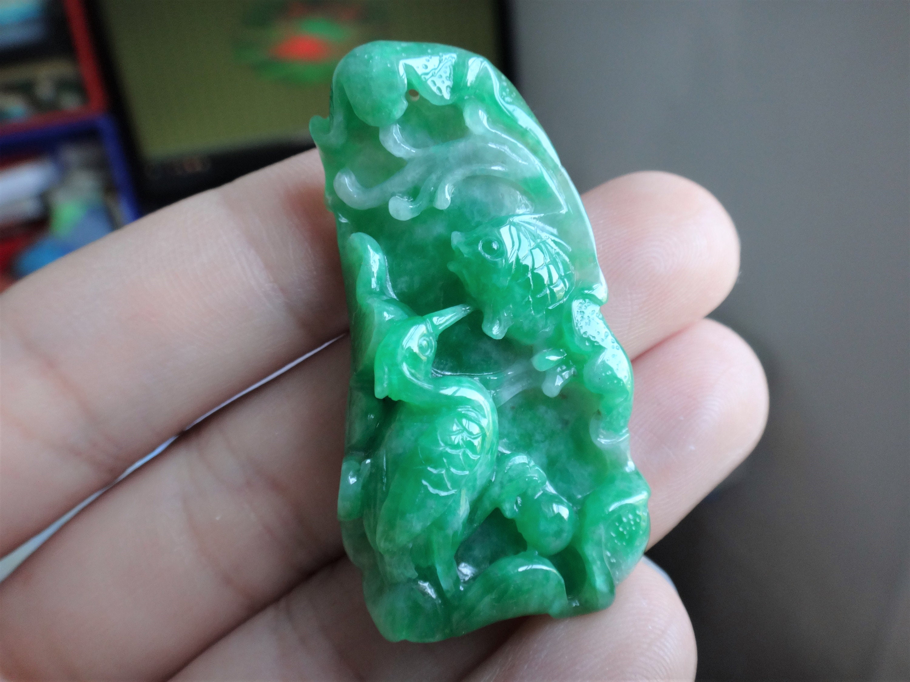 Natural Genuine A Jadeite Jade Emblem Sun Green Egret Bird With Fish ...