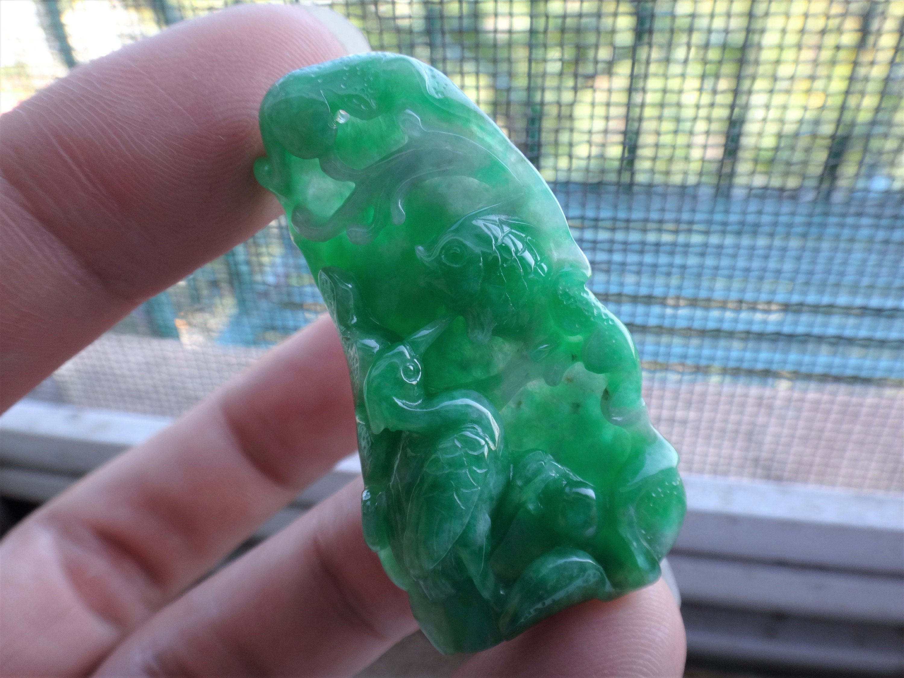 Natural Genuine A Jadeite Jade Emblem Sun Green Egret Bird With Fish ...