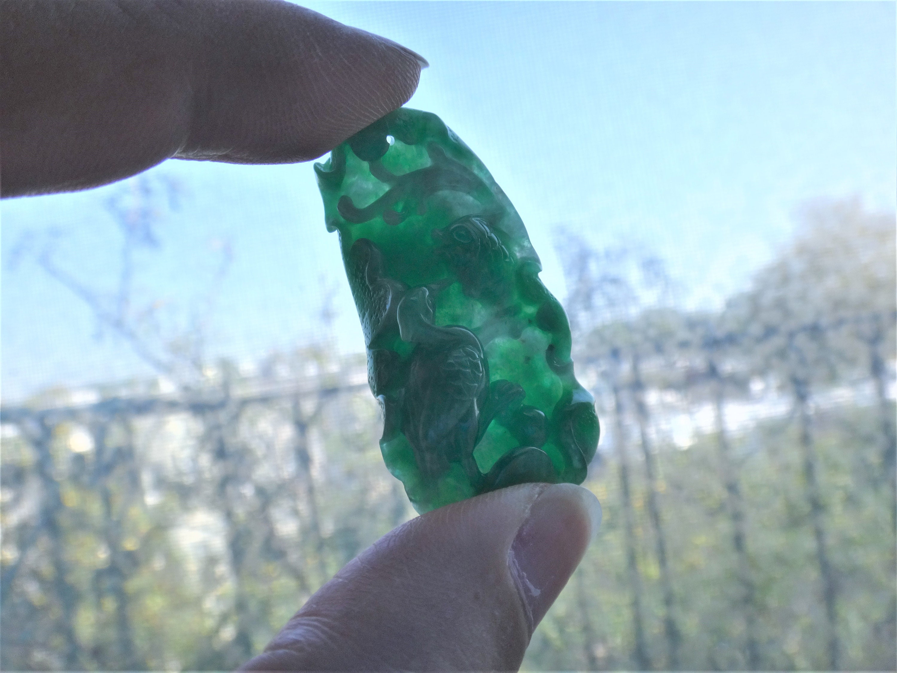 Natural Genuine A Jadeite Jade Emblem Sun Green Egret Bird With Fish ...