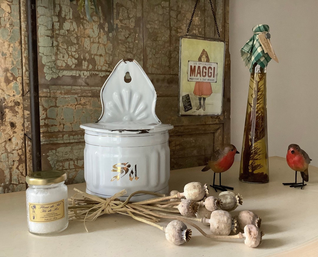 French Salt Box, Enameled Salt Box, Kitchen Decor, Utensil Pot, Home ...