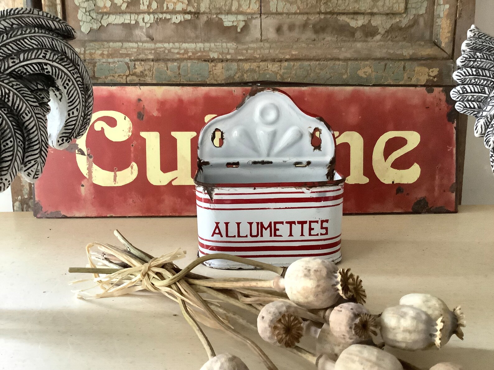 French Enameled Matchbox: Rustic Kitchen Utensil Holder - Etsy