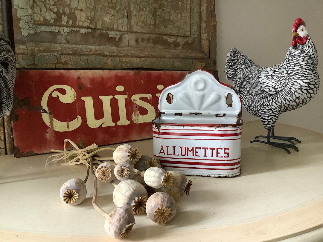 French Enameled Matchbox, Kitchen Decor, Home Decor, Utensil Pot ...
