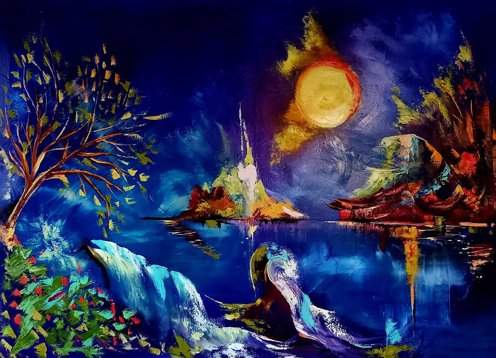 Moon Landscape Artwork 40x55 in Original Oil Painting- Bright Moon Art ...