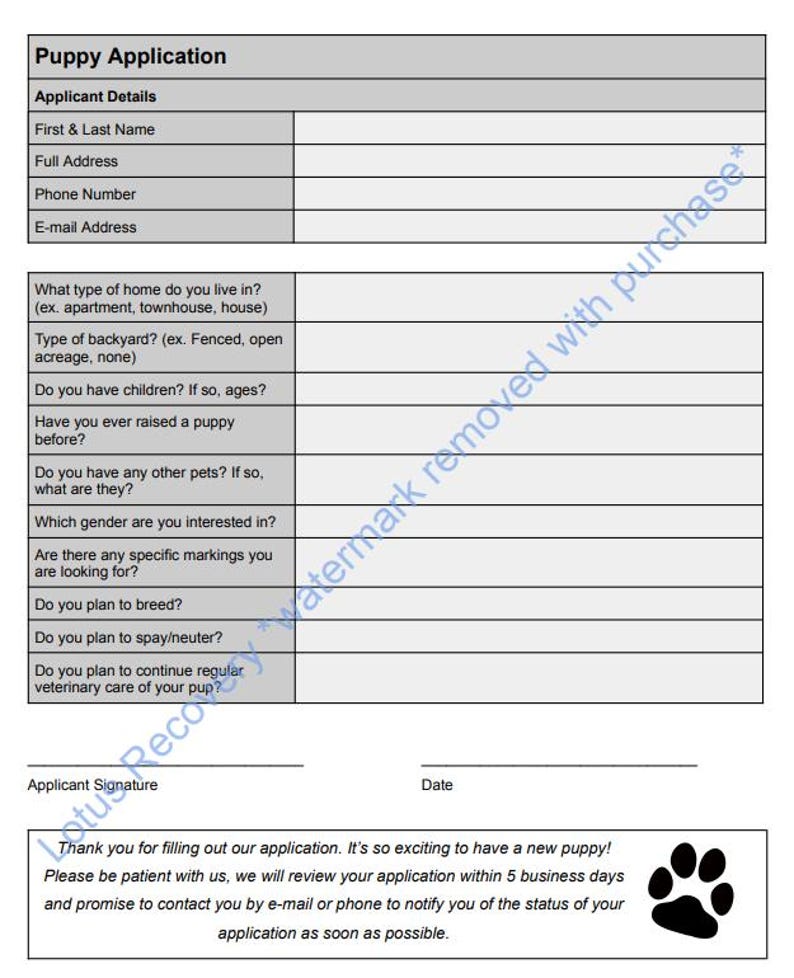 Editable Puppy Application Template – Adoption, Selling (digital Files ...