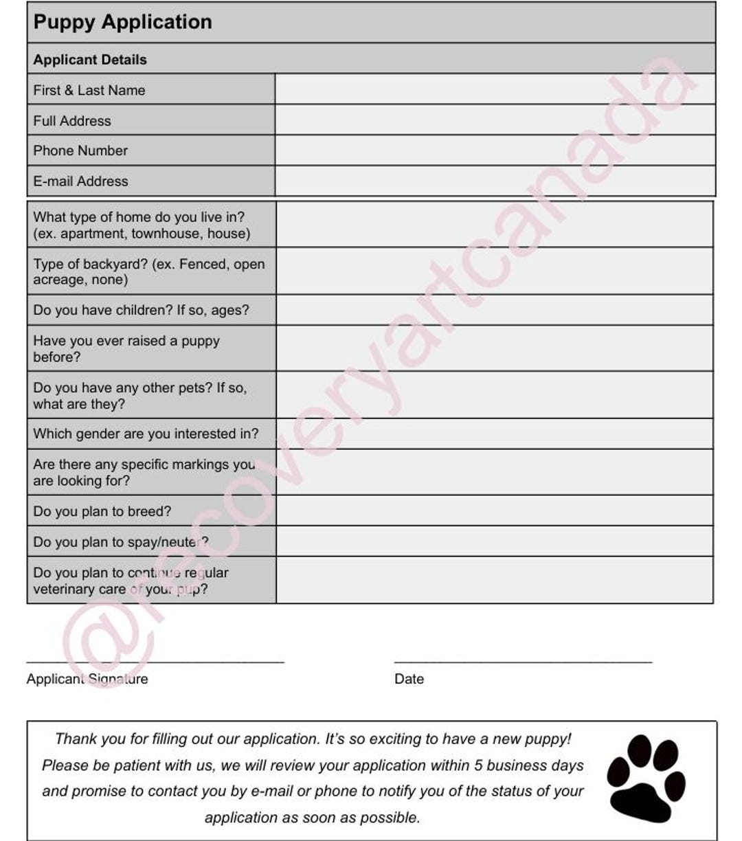Puppy Application Form for Breeders, Digital, Printable, Editable, .doc ...