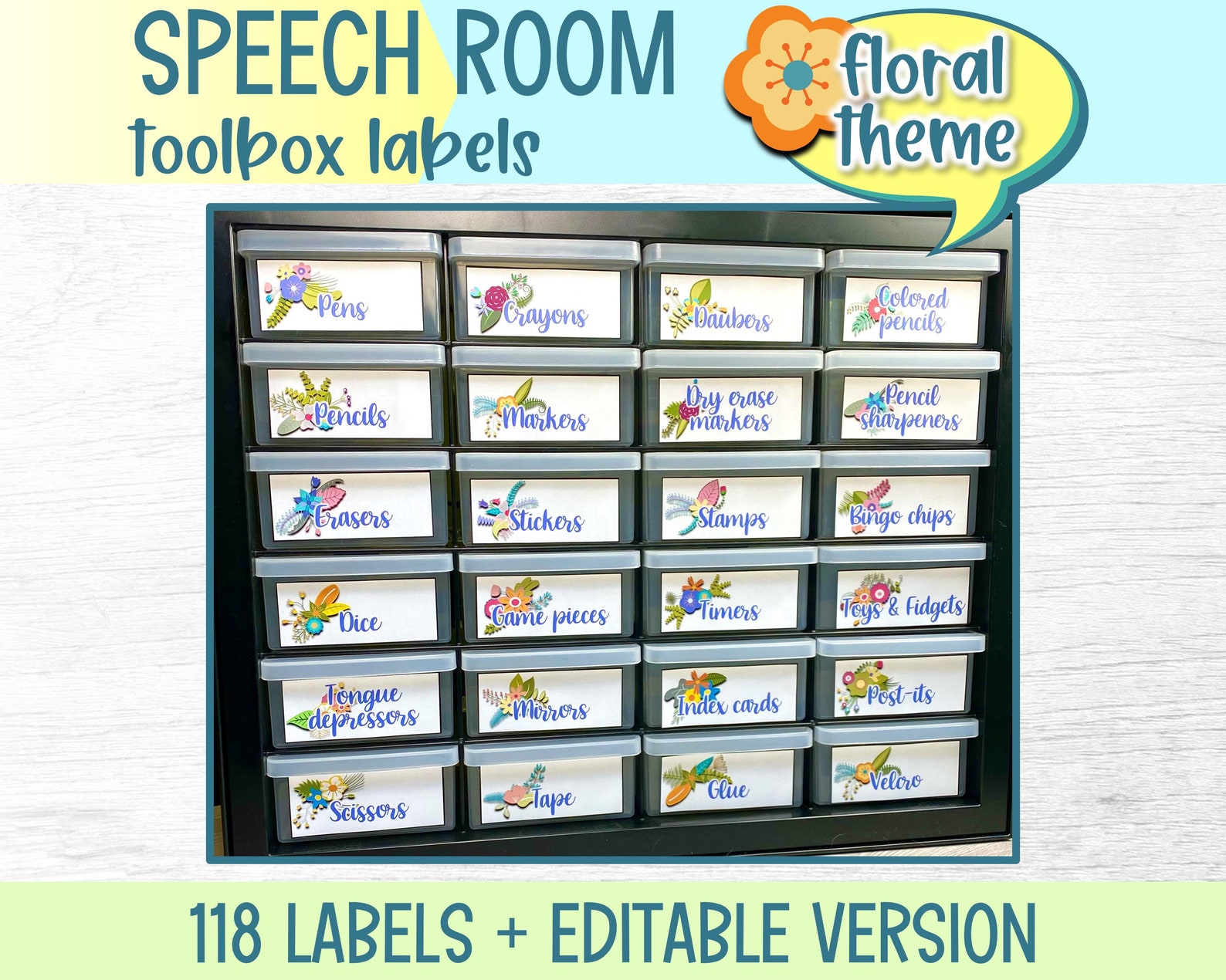 Printable Floral Theme Speech Therapy Toolbox Labels | 118 Premade or ...