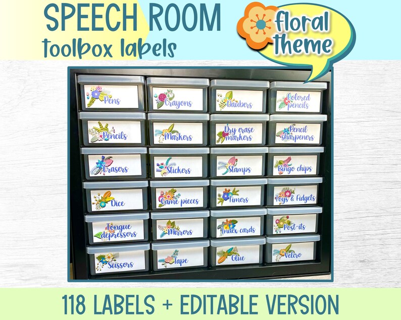 Printable Floral Theme Speech Therapy Toolbox Labels | 118 Premade or ...