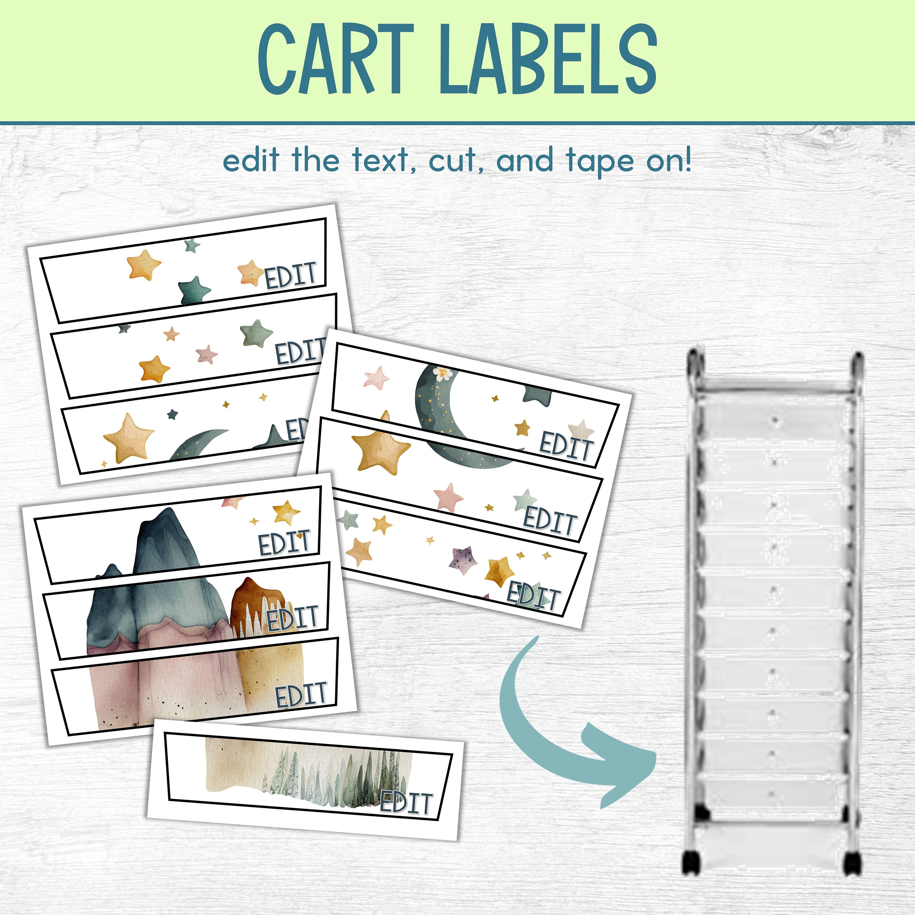 Printable Boho Mountain Editable Text 10 Drawer Rolling Cart Labels ...