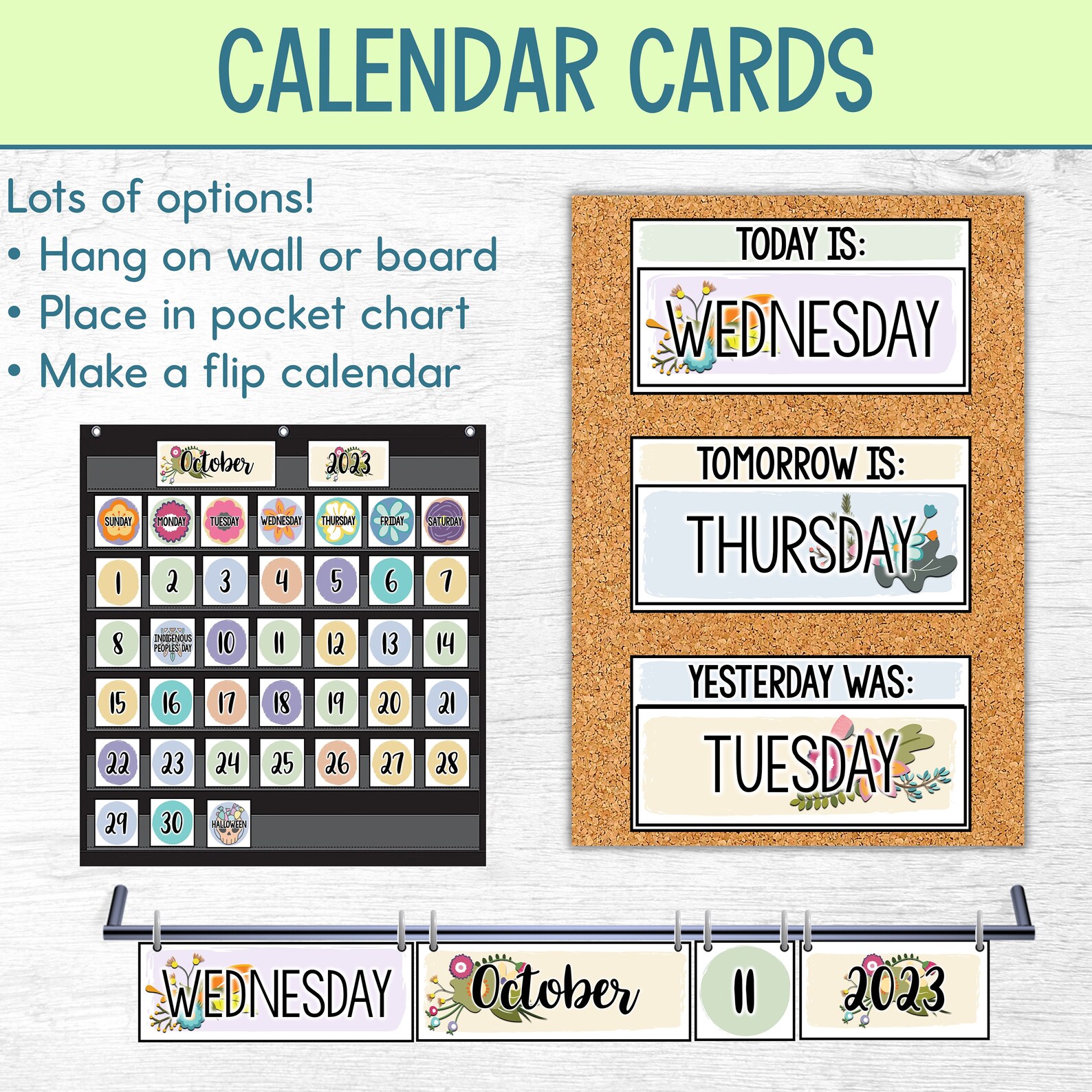 Printable Floral Theme Flip or Pocket Chart Calendar Headers | Calendar ...