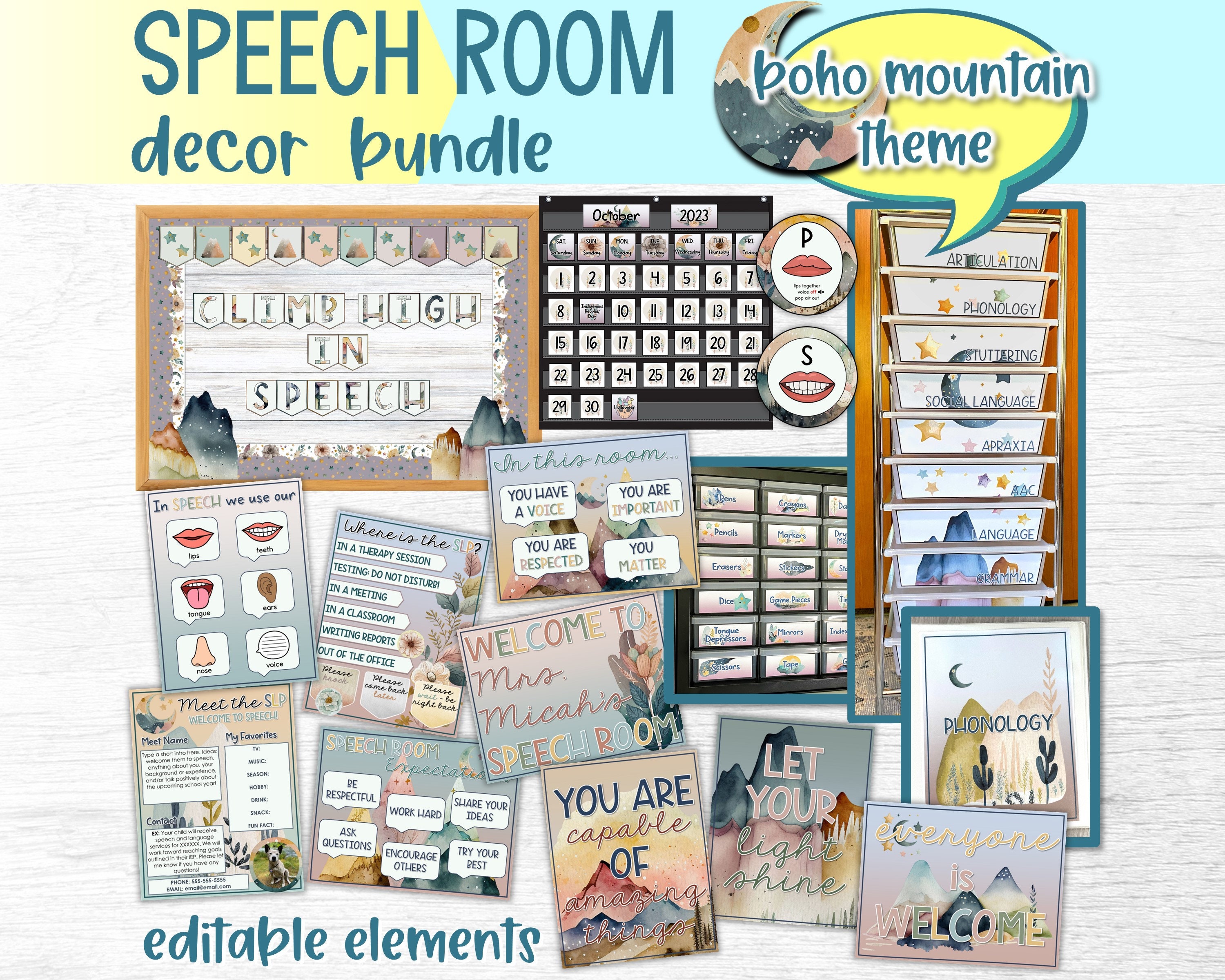 Printable Boho Mountain Speech Therapy Room Decor Bundle | Bulletin ...