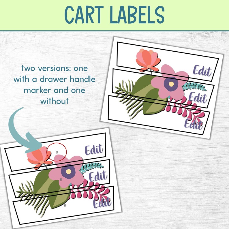 Printable Floral Theme Editable Text 10 Drawer Rolling Cart Labels SLP ...