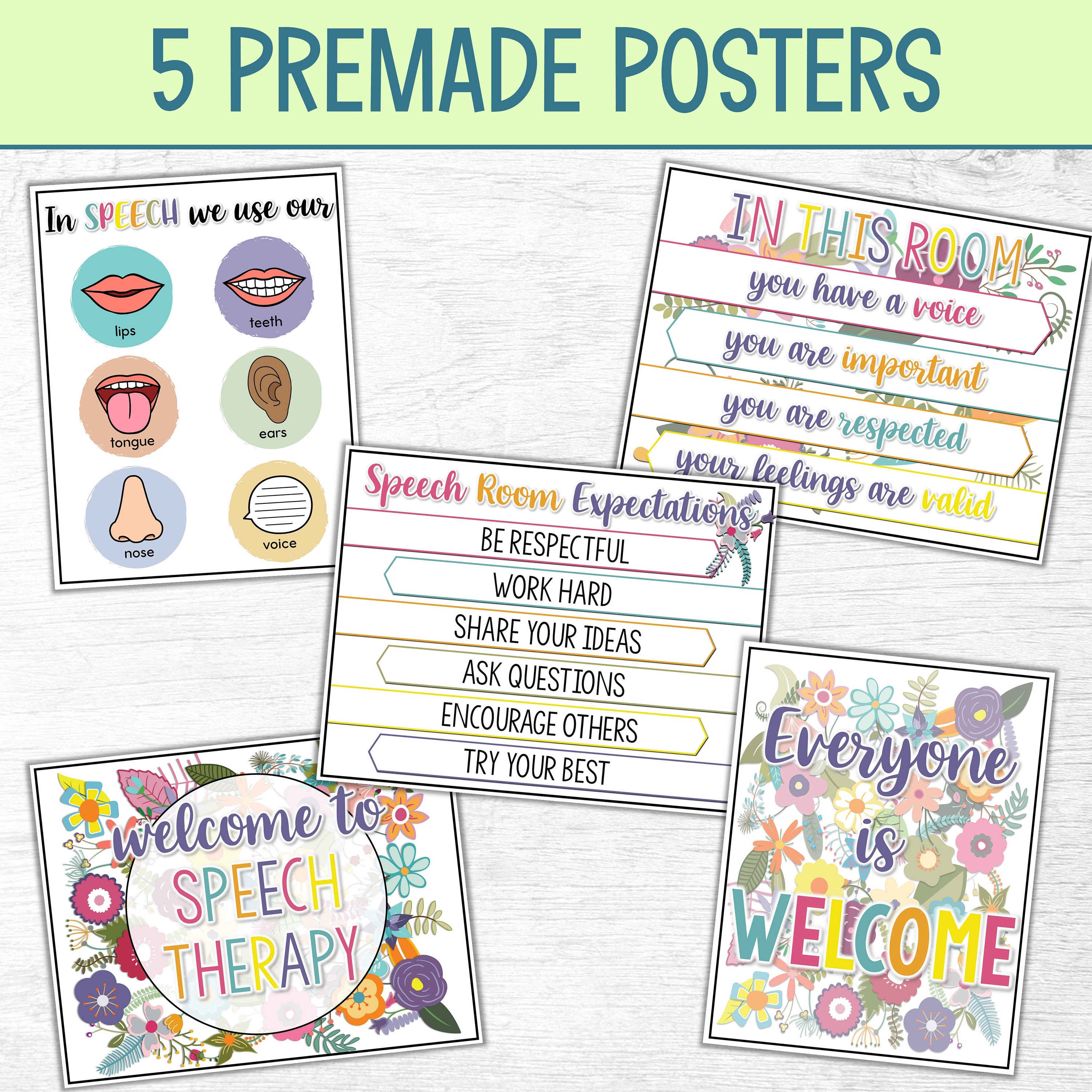 Printable Floral Theme Speech Therapy Room Decor | SLP Posters Wall ...