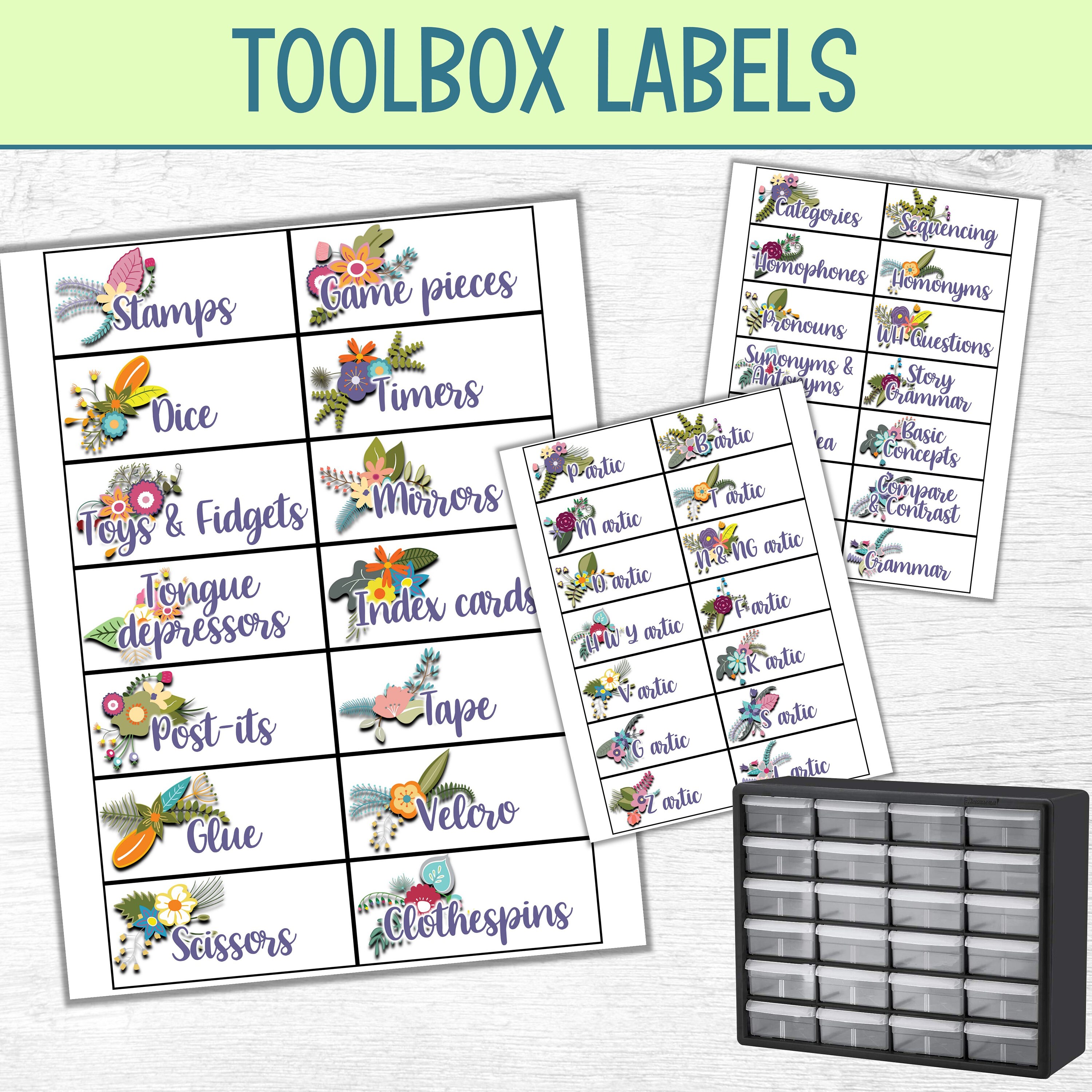 Printable Floral Theme Speech Therapy Toolbox Labels | 118 Premade or ...
